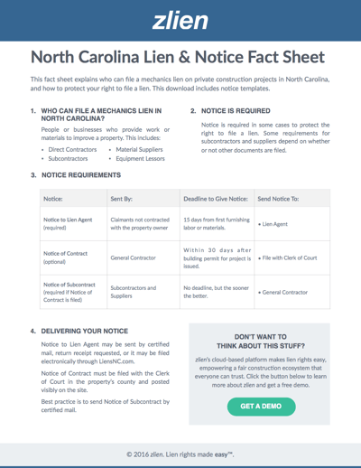 North Carolina Notice of Right to Lien Form - Download Free With Fact Sheet